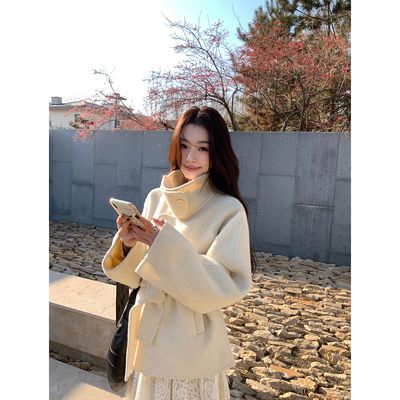 pusumede 配腰带~白色1OO羊毛双面呢大衣女可翻折立领毛呢外套