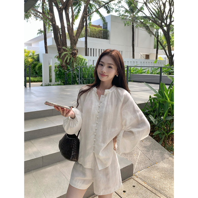 pusumede亚麻衬衫休闲短裤套装