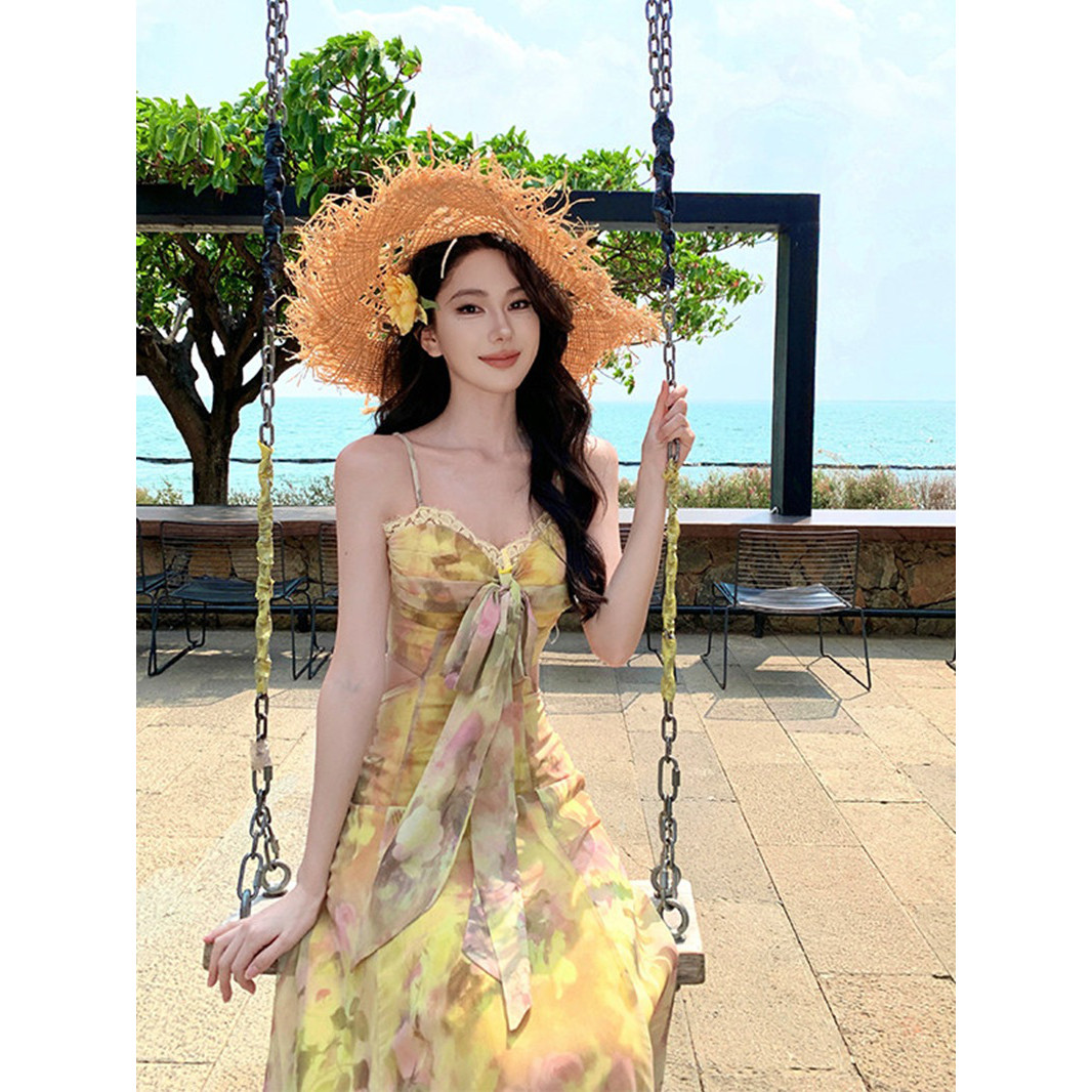 海边丁达尔度假黄色连衣裙子夏绝美海岛明媚多巴胺泰式独特小吊带