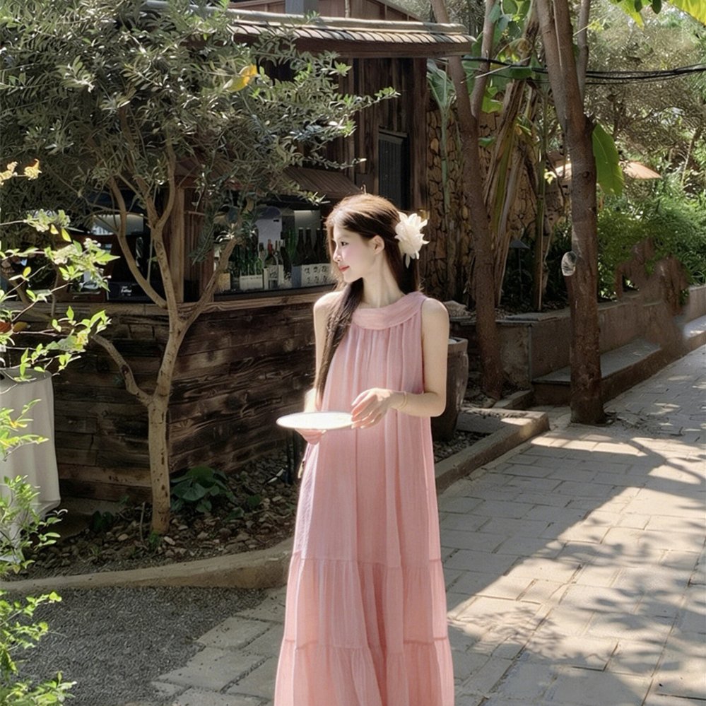 实拍有货~法式度假风无袖挂脖连衣裙设计感飘带仙女长裙海边度假