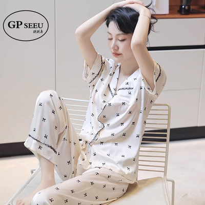 真丝睡衣女休闲甜美三件套家居服