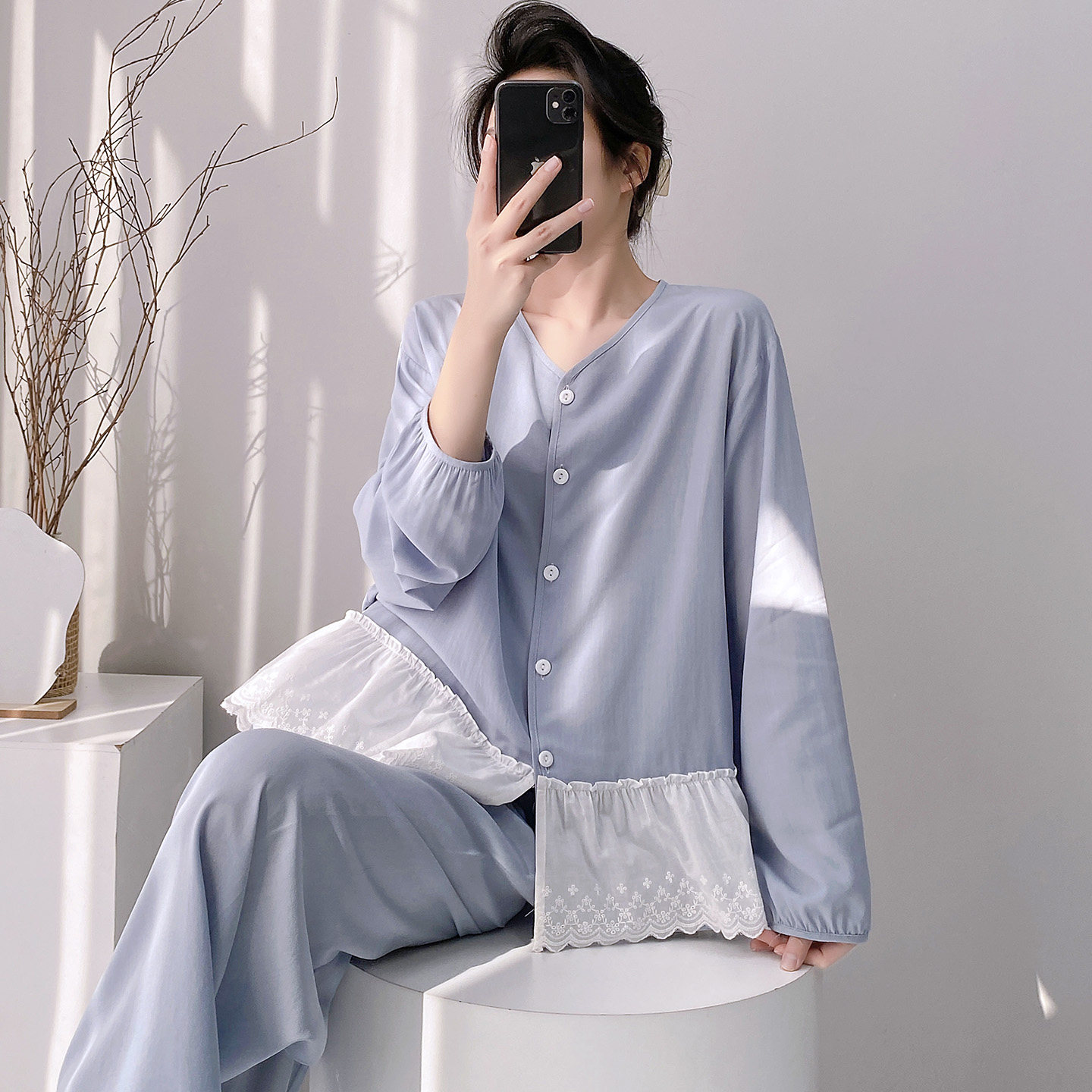 宽松阔腿裤法式宫廷风蕾丝长袖夏天套装家居服春秋睡衣女人造棉绸