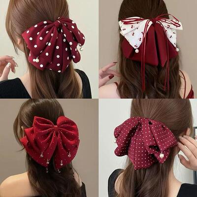 新年红色蝴蝶结马尾夹高级感半扎发甜美抓夹后脑勺时尚鲨鱼夹女士