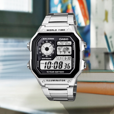 casio卡西欧手表男士复古小方块形学生款电子钢链款AE-1200WHD-1A