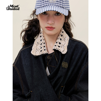 mostwantedlab花苞下摆可脱卸针织领牛仔外套浪漫蕾丝千金风25春