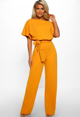 Women summer short sleeved Jumpsuit 时尚系带纽扣短袖女连体裤