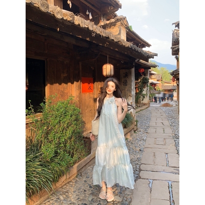 一颗甜桃yikett《只此青绿》夏季挂脖连衣裙女度假风连身裙长裙