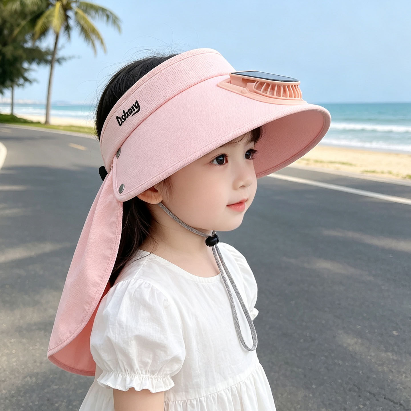 儿童防晒帽女童夏季防紫外线空顶披肩遮阳帽男孩学生太阳能风扇帽