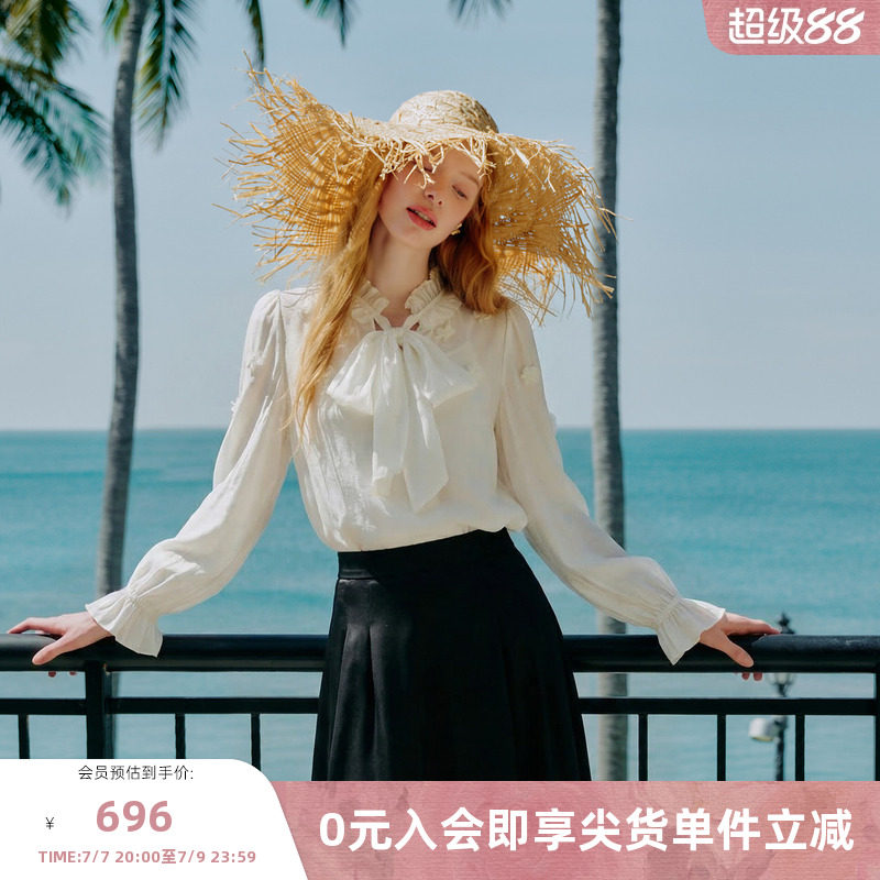 MISSCOCOON可可尼宽松蕾丝衫女2026春季新款白色蝴蝶结设计雪纺衫