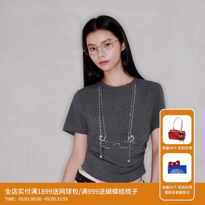 REVAN芮范设计师款链条眼镜印花灰色T恤RL31001516