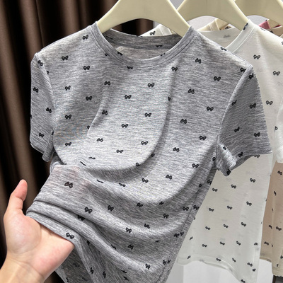 灰色T恤女高级感防晒波点短袖软糯修身显瘦蝴蝶结面膜上0707e