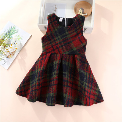 女童毛呢背心裙春秋冬连衣裙韩版宝宝无袖马甲裙中小童女孩格子裙