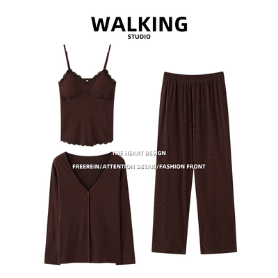 带胸垫睡衣女春秋纯棉长袖三件套