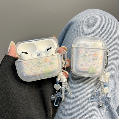 涂鸦水母适用小米3pro降噪耳机保护套透明红米Buds5/4/3蓝牙保护壳buds4pro软air2SE降噪3耳机壳Dots3