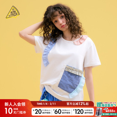 SEE YOU at PIZZA T恤女2025夏季新款蕾丝格纹拼接短袖T恤586944