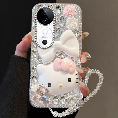满钻奢华卡通KT猫适用vivoS19手机壳透明V27e女款S172025年X200mini高级感VivoX60曲屏版镶钻S17e新品S15外壳