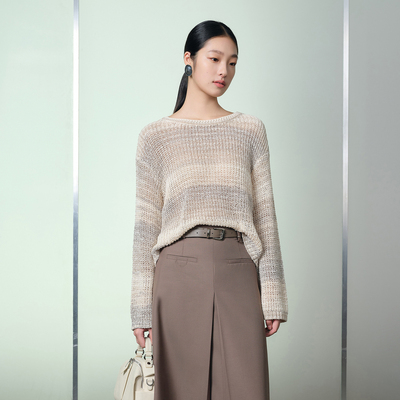 丽雪leisure2026春季新款镂空晕染条纹针织衫长袖套头毛衫女