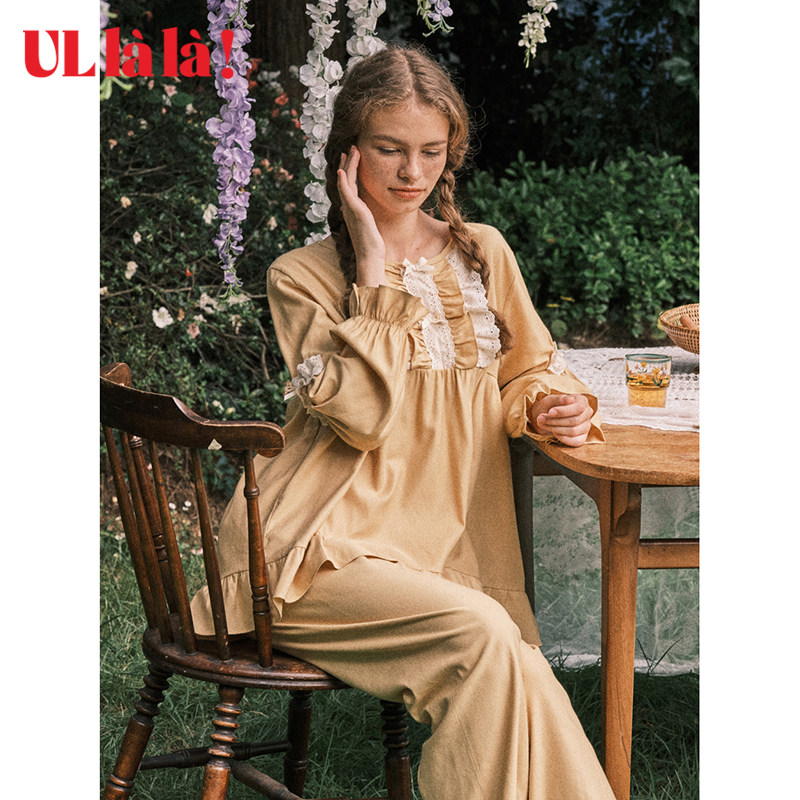 ULLALA乌拉拉新款秋季纯色女长袖长裤套装甜美休闲家居服睡衣_虎窝淘