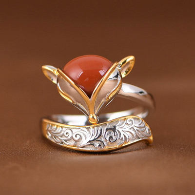 纯银南红小狐狸戒指女轻