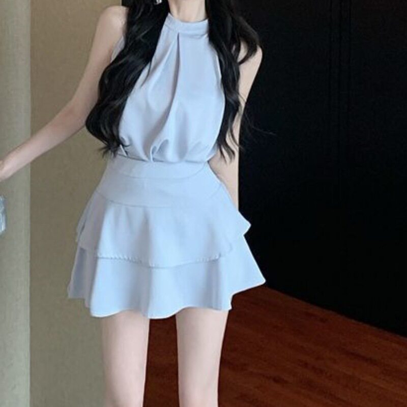 高级感气质两件套挂脖露肩背心上衣女夏季高腰荷叶边半身短裙套装