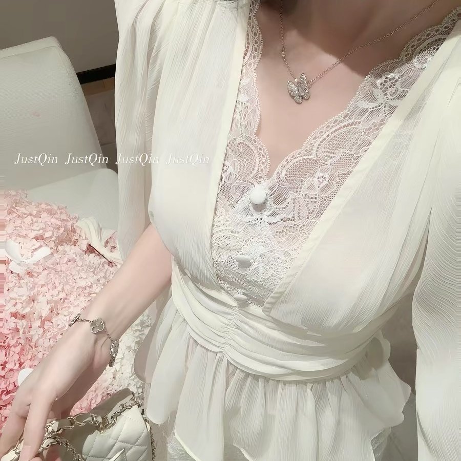JustQin柔纱心动2026新夏装名媛风收腰上衣蕾丝边雪纺小衫女