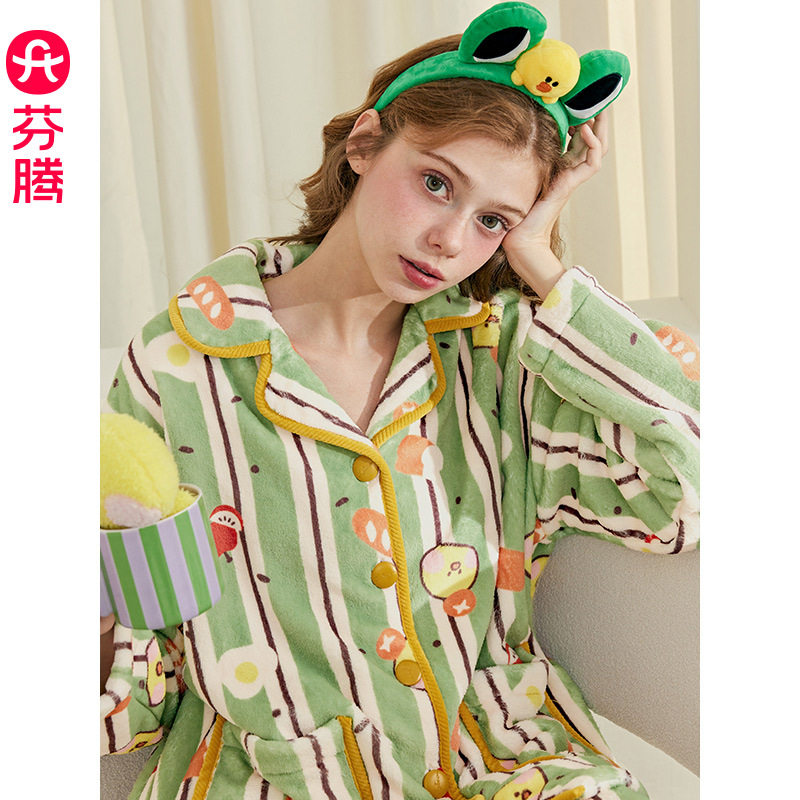 芬腾【速暖绒】女士睡衣布朗熊秋冬季加绒加厚套装宽松大码家居服