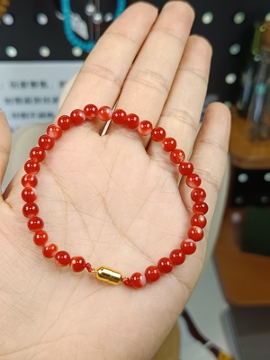 4074-精挑卡5+天然红海鲜（日料卡卡）手串，14K包金17.5cm证书