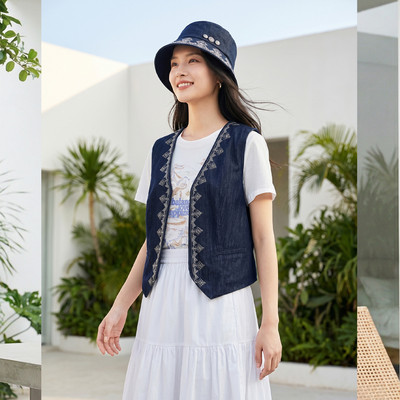 EP雅莹天丝亚麻刺绣牛仔马甲