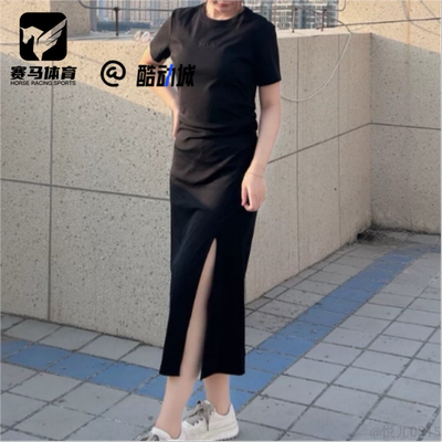 斐乐黑色女子开衩修身短袖连衣裙