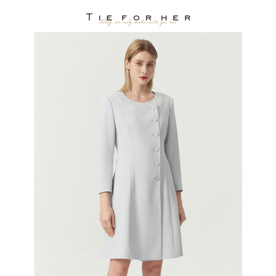TieForHer蓝色法式淡人连衣裙收腰修身通勤西装裙