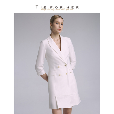TieForHer Mano云朵白西装连衣裙女 收腰显瘦 通勤百搭职场穿搭