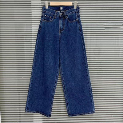 蓝色棉质阔腿裤牛仔长裤