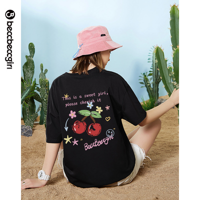 BECCBECCGIRL夏季纯棉短袖t恤女樱桃印花原创设计感中长款半袖潮