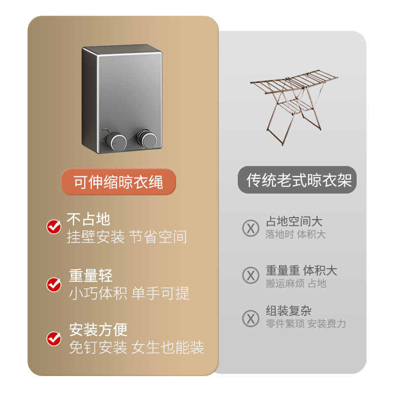 隐形收缩壁挂晾衣绳酒店阳台加粗晾衣神器不锈钢丝免打孔晒被绳