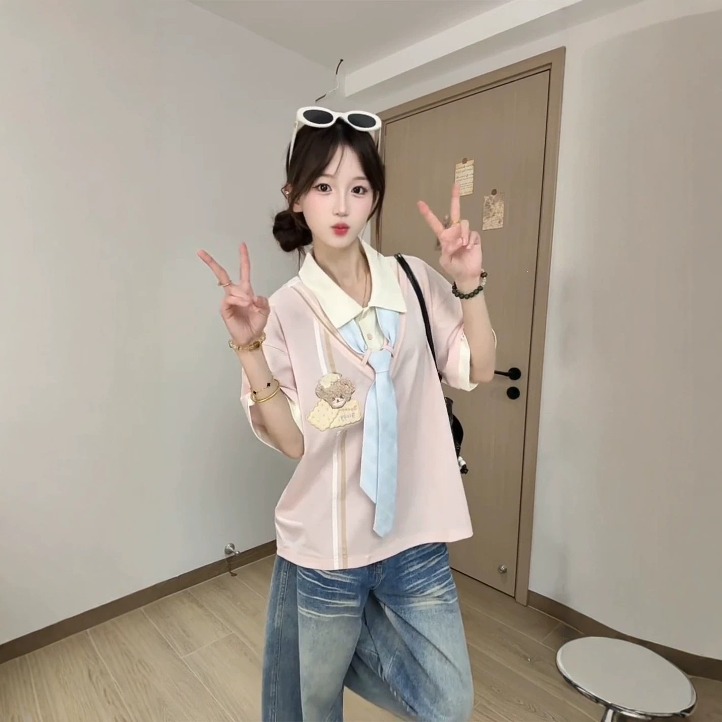 高级小众220克纯棉短袖t恤女装夏季新款设计感卡通刺绣POLO领上衣