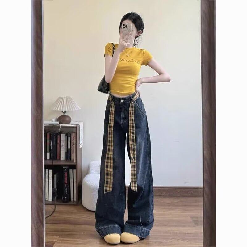 复古拼接卷边牛仔裤女夏季慵懒松弛感高腰拖地阔腿弯刀裤裤子
