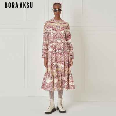 BORAAKSU蝴蝶结褶裥印花连衣裙