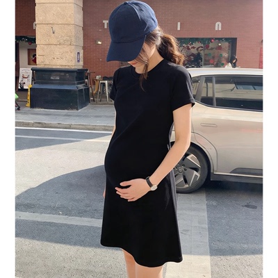 小个子孕妇装2026夏季宽松百搭短袖连衣裙设计感小众t恤裙直筒裙
