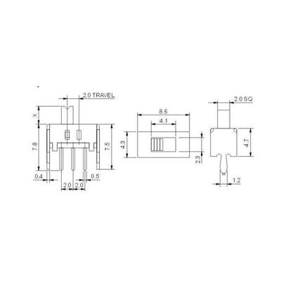 SS12D07VG2/3/4/5/6/7mm柄高 带定位脚 立式 3脚2档 小型拨动开关