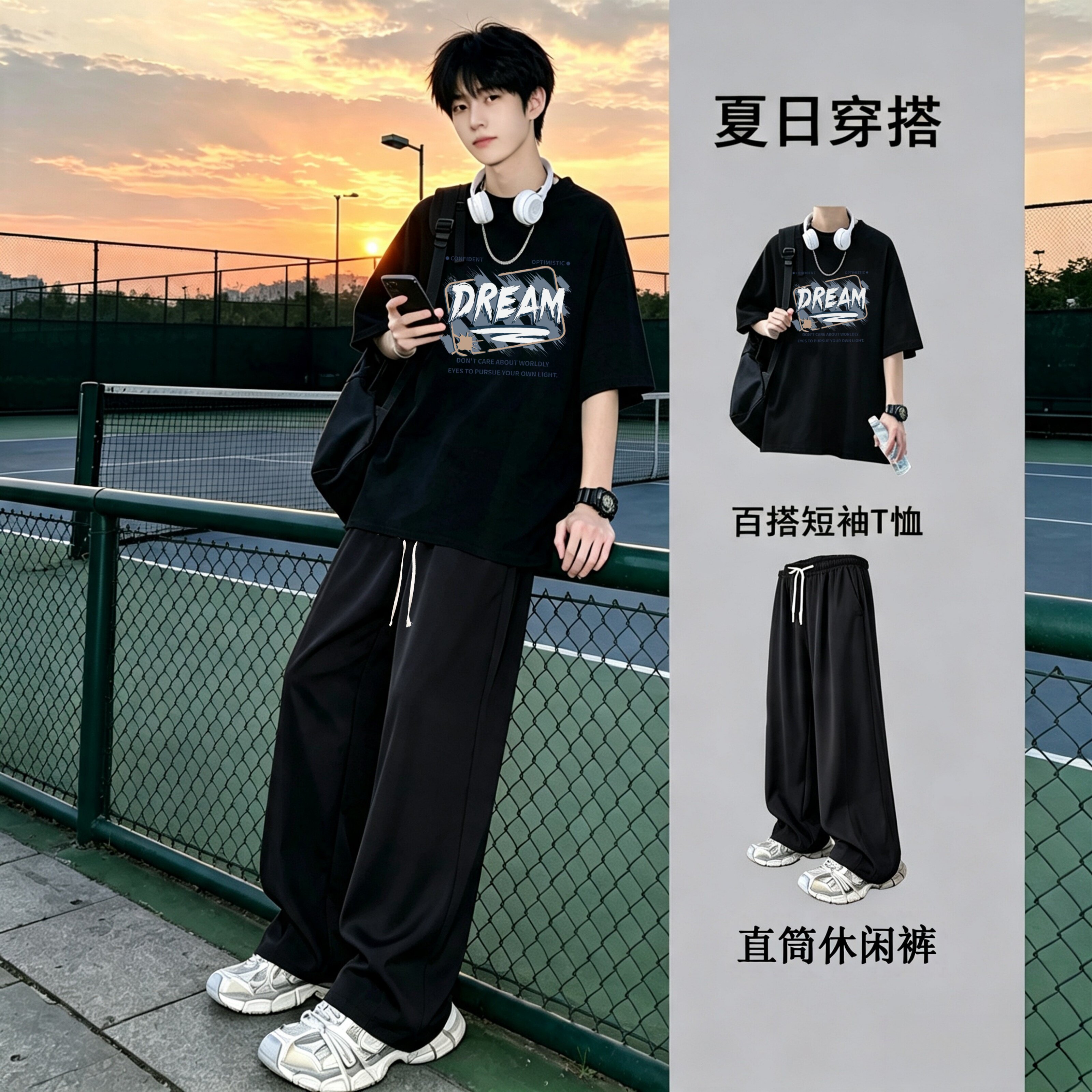 休闲运动套装男生夏季新款青少年宽松短袖t恤长裤男装士帅气衣服