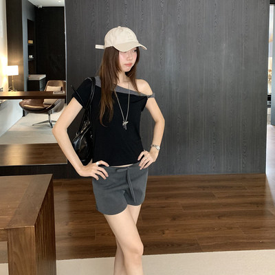韩系ins设计感修身拼接斜肩短袖T恤女2026夏季新款chic别致小上衣