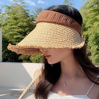 新款草编防晒空顶帽户外女休闲风百搭大檐纯色海边沙滩登山太阳帽