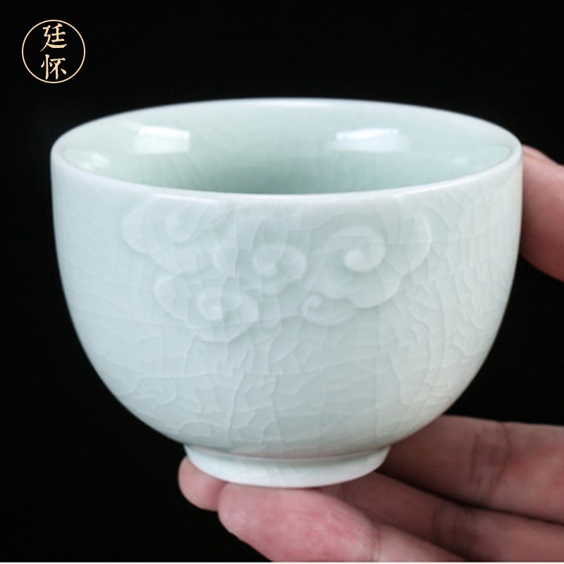 廷怀窑汝窑中式茶杯品茗杯个人杯汝瓷开片玉青釉主人杯礼盒装80ml