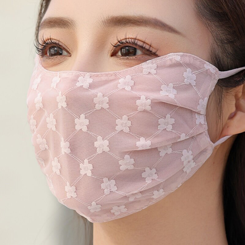 蕾丝防晒口罩女春夏新款时尚双层薄款透气户外面纱提花网纱面罩