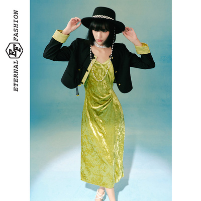 EF高级感时尚丝绒吊带连衣裙2025冬季新款精致洋气内搭中长裙女