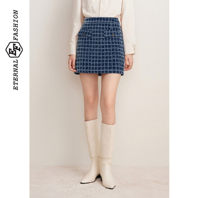 EF时尚百搭复古格子设计A字裙女2025冬季新款高腰休闲气质半身裙