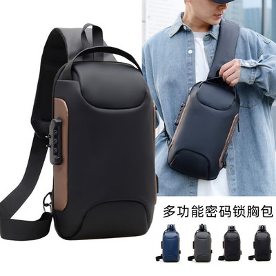 密码锁男士胸包防盗USB手机斜挎背包休闲运动骑行胸前包跨境男包