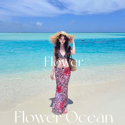 【小野猫】新款挂脖豹纹性感bikini三件套分体沙滩度假长裙泳衣