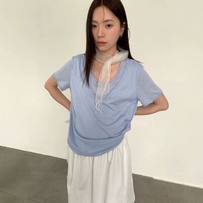 6UP2026夏韩系假两件V领T恤女棉短袖广州13行新款百搭极简60517