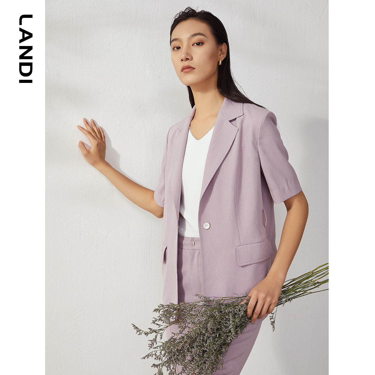 LANDI夏季新款浅紫色短袖西装外套女通勤小西服上衣